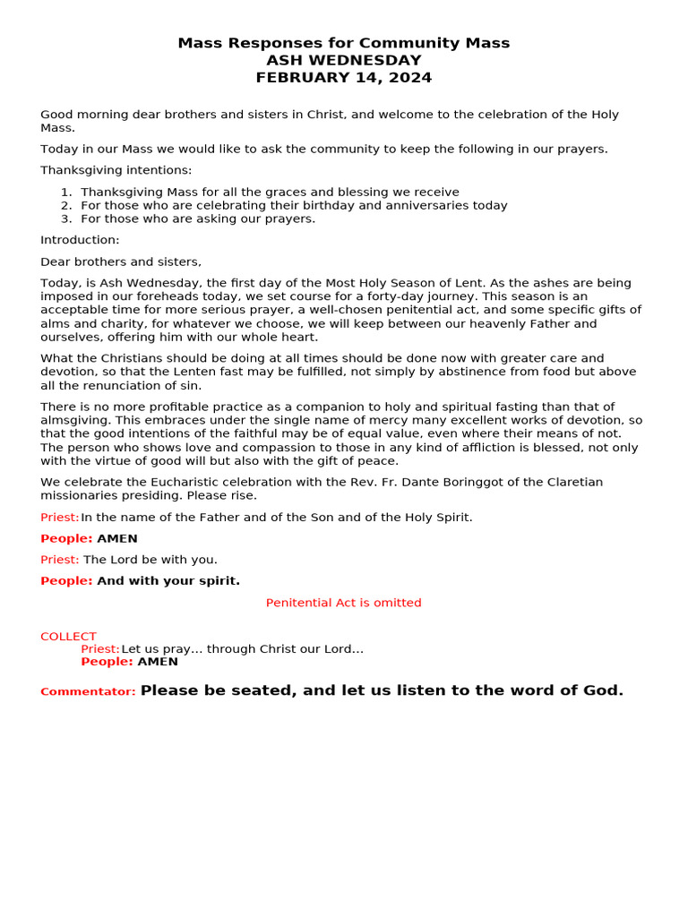 Mass Responses For ASH WEDNESDAY | PDF