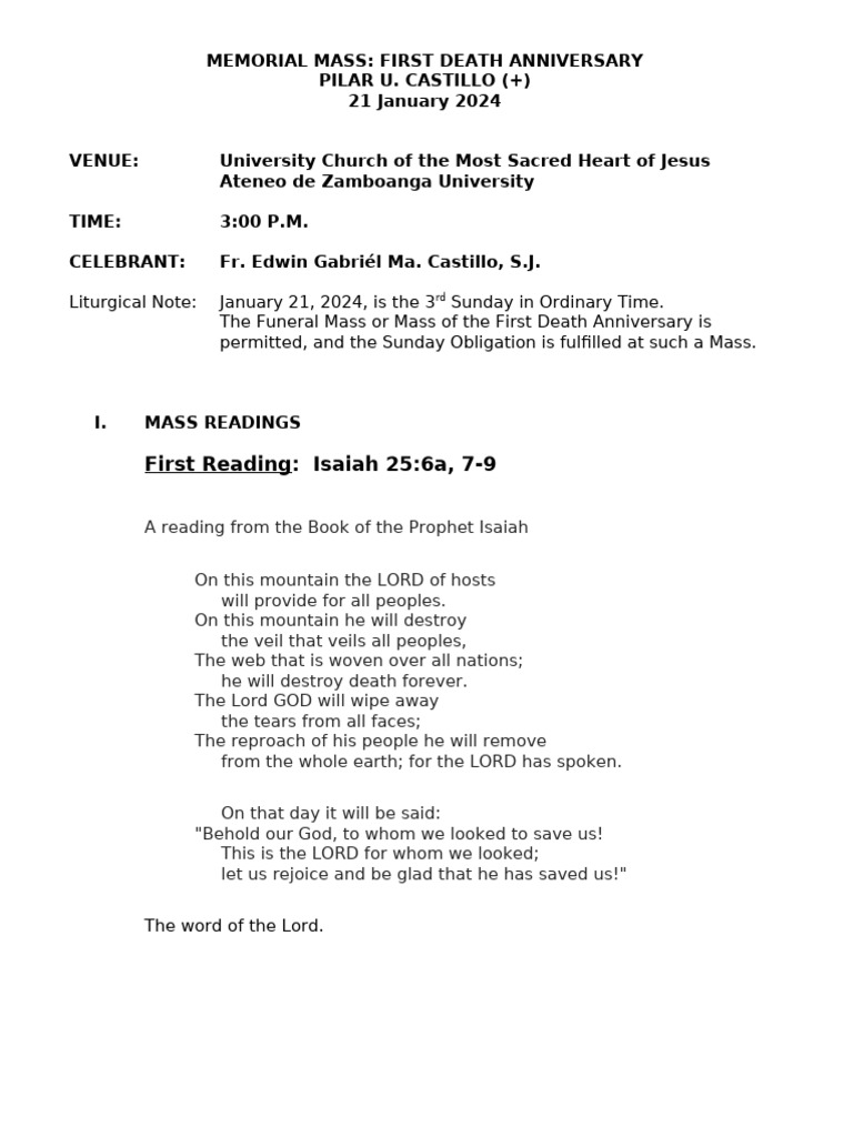 MEMORIAL MASS Guide - 21jan2024 | PDF