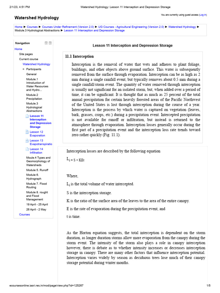 Watershed Hydrology_ Lesson 11 Interception and Depression Storage | PDF
