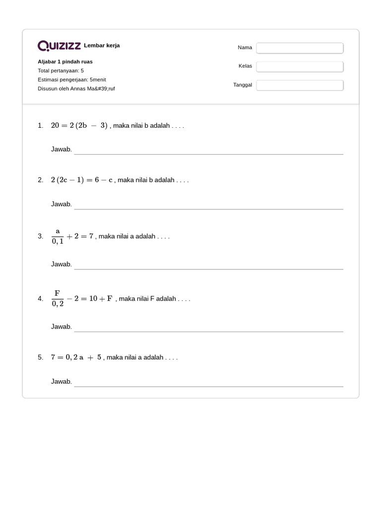 Aljabar 1 Pindah Ruas - Quizizz | PDF