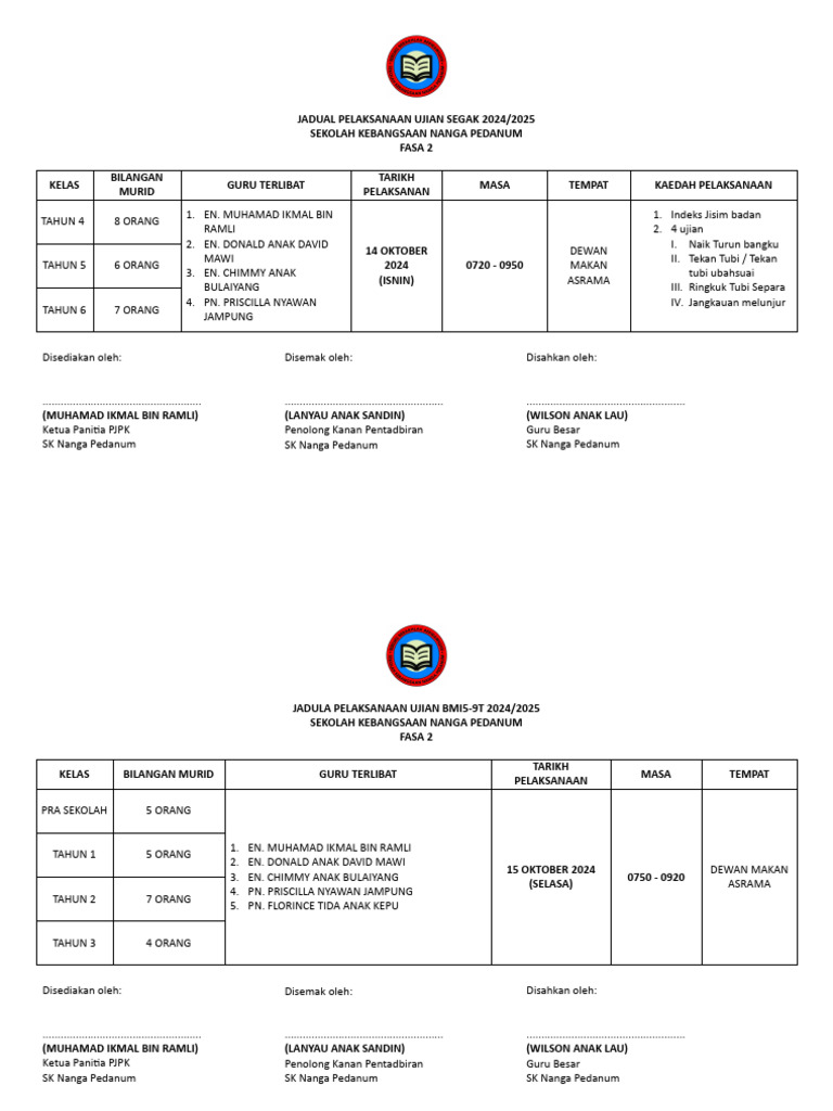 Jadula Pelaksanaan Ujian Segak 2024 | PDF