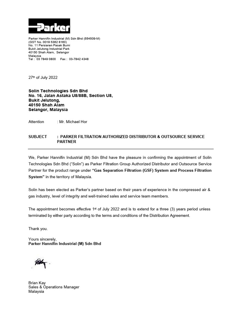 PARKER Authorized Distribuitor Official Letter 2022-2025 | PDF