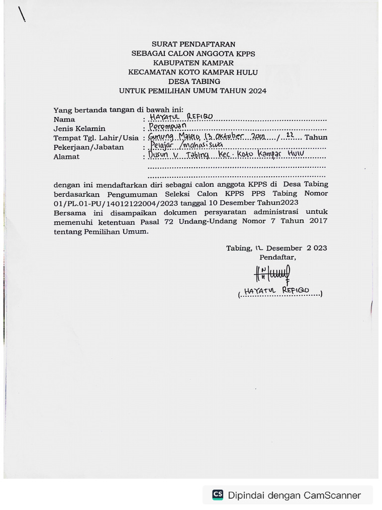 Surat Pendaftaran Repi | PDF