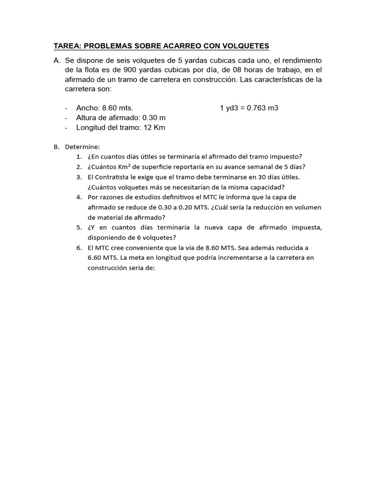 Ejercicios Sobre Acarreo de Material Sin Respuesta | PDF