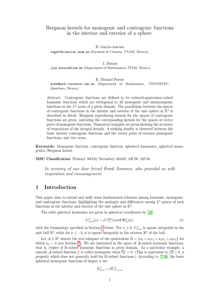1bergman Kernels For Monogenic and Contragenic | PDF | Function (Mathematics) | Abstract Algebra