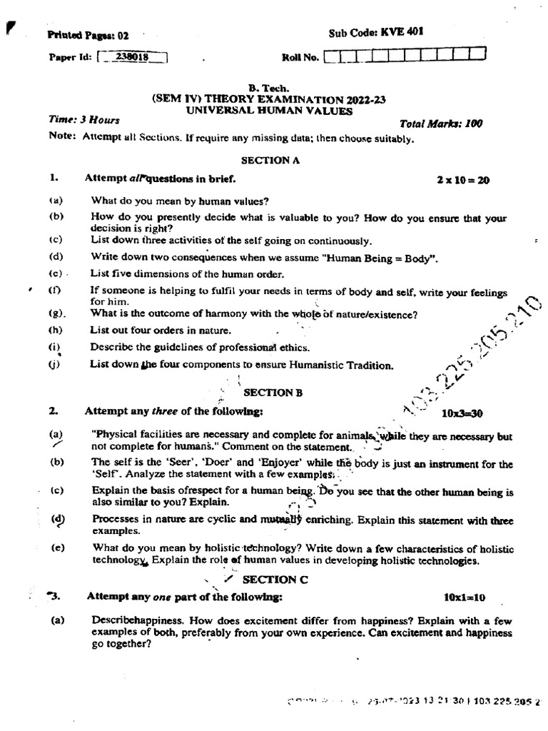 Btech 4 Sem Universal Human Values Kve 401 2023 | PDF