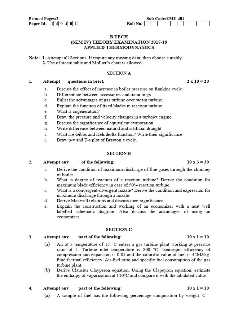 Btech Me 4 Sem Applied Thermodynamics Eme 401 2018 | PDF Btech Me 4 Sem Applied Thermodynamics Eme 401 2018 | PDF
