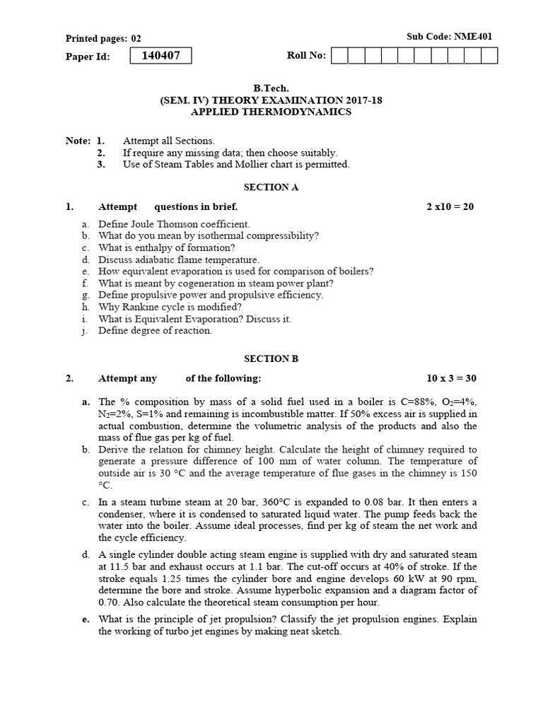 Btech Me 4 Sem Applied Thermodynamics Nme401 2018 | PDF Btech Me 4 Sem Applied Thermodynamics Nme401 2018 | PDF