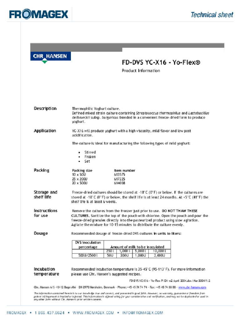CHR Hansen Brand - Thermophilic Yoghurt Culture FD-DVS YC-X16 Yo-Flex | PDF