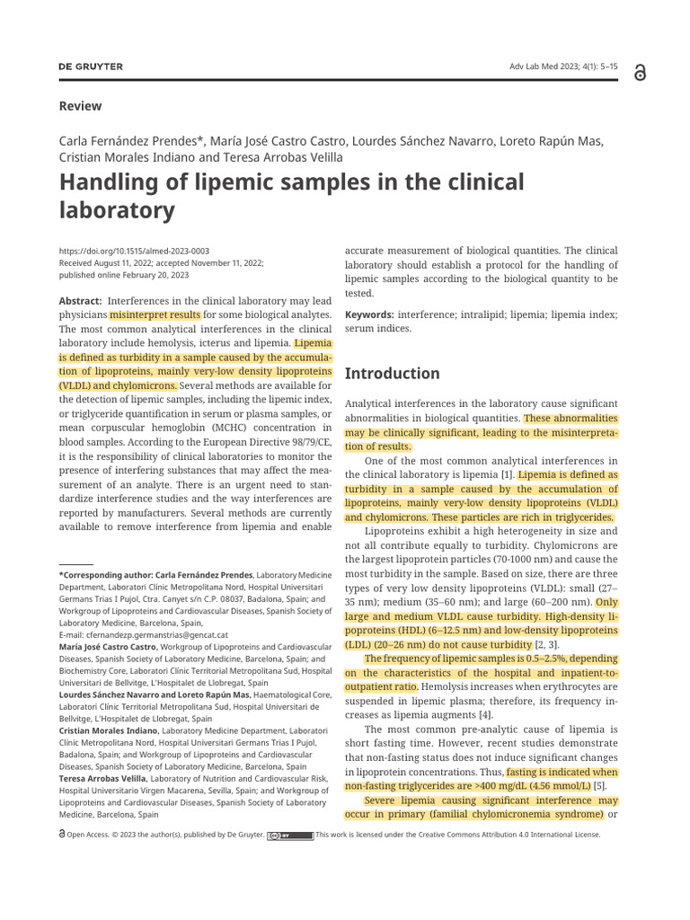 2023 - Very Good - Handling of Lipemic Sample | PDF | Lipoprotein ...
