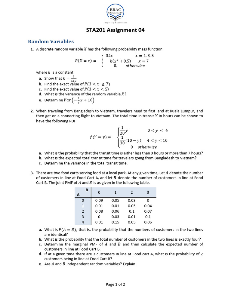 STA201 Assignment 04 - Summer'22 | PDF