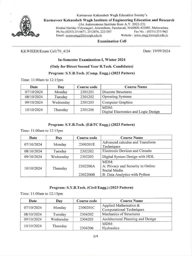 70 4 Dsy S Y B Tech Ise I 2023 Pat Time Table 2024 25 Pdf