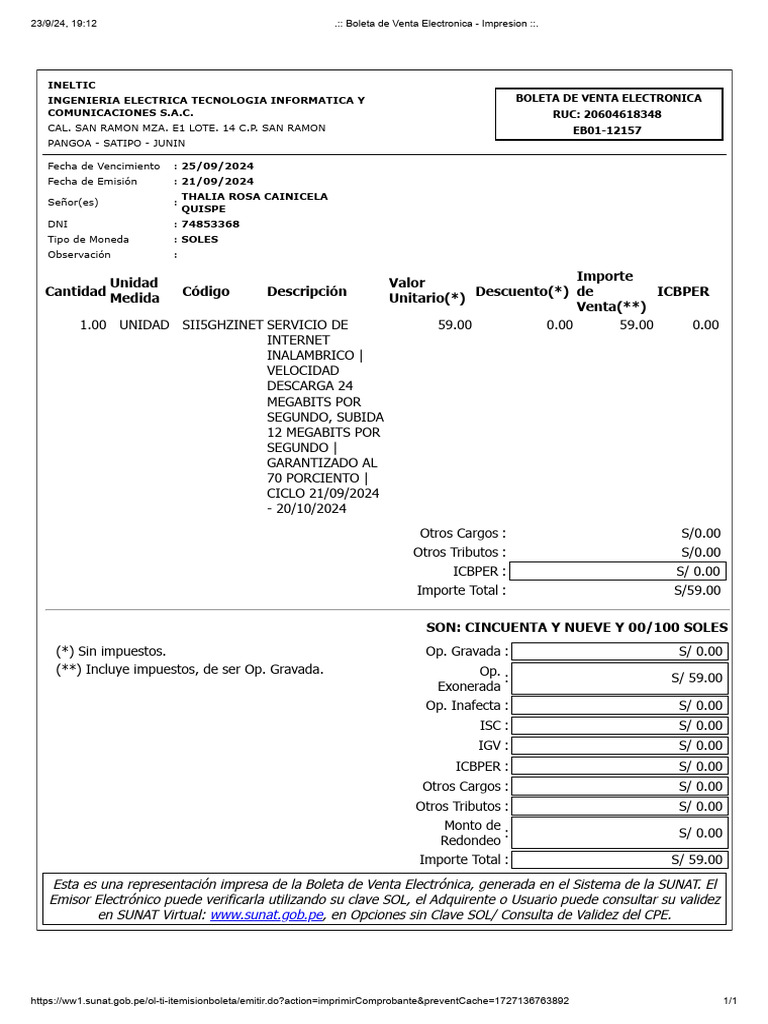 Boleta de Venta Electronica EB01-12157 | PDF