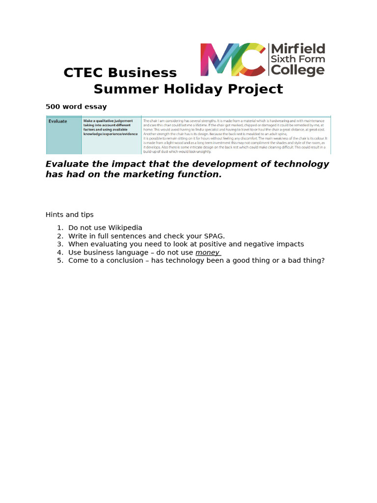 CTEC Business Summer Holiday Project | PDF