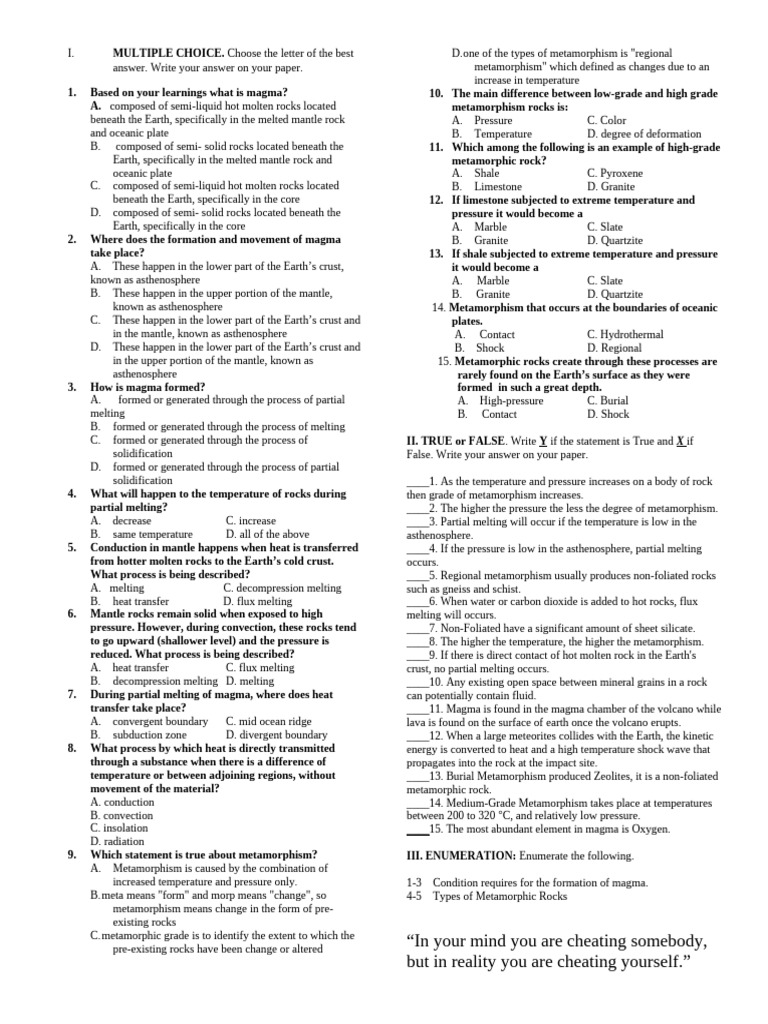 Quiz About Metamorphism and Magmatism | PDF