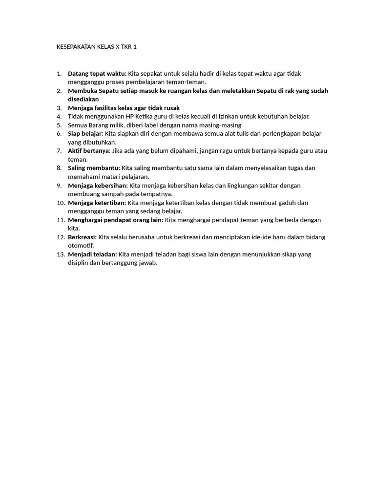 Kesepakatan Kelas X TKR 1 | PDF