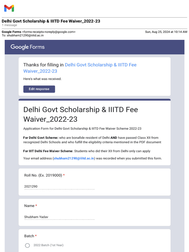Gmail - Delhi Govt Scholarship & IIITD Fee Waiver - 2022-23 | PDF