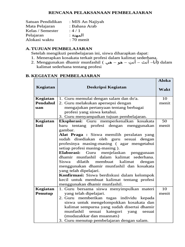 Salin-RPP Bahasa Arab Kelas 4 (Terbaru) | PDF