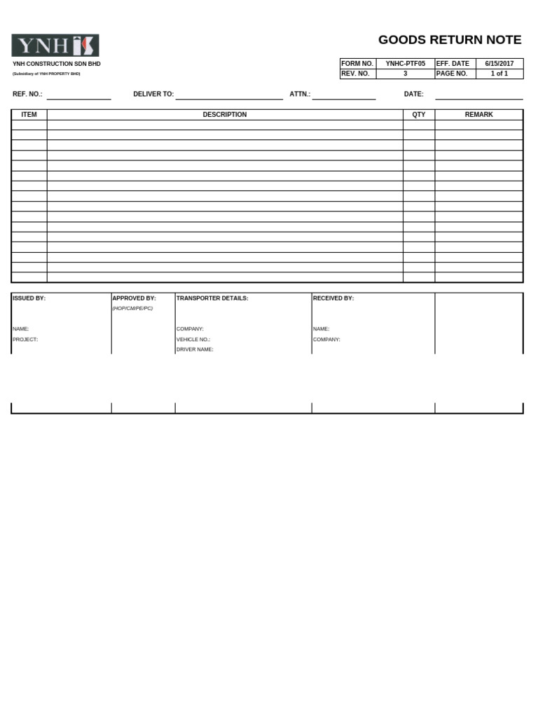 YNHC-PTF05 Goods Return Note NEW | PDF