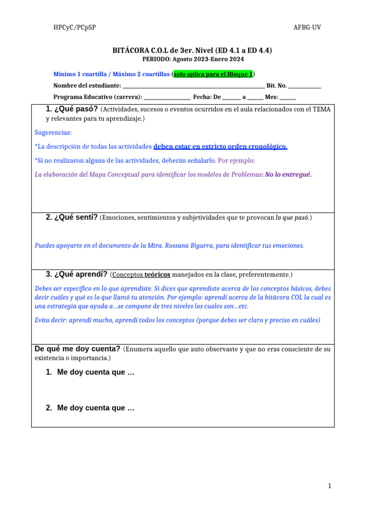 Formato de Bitácora COL 1er Nivel - PC - UV 2023 | PDF