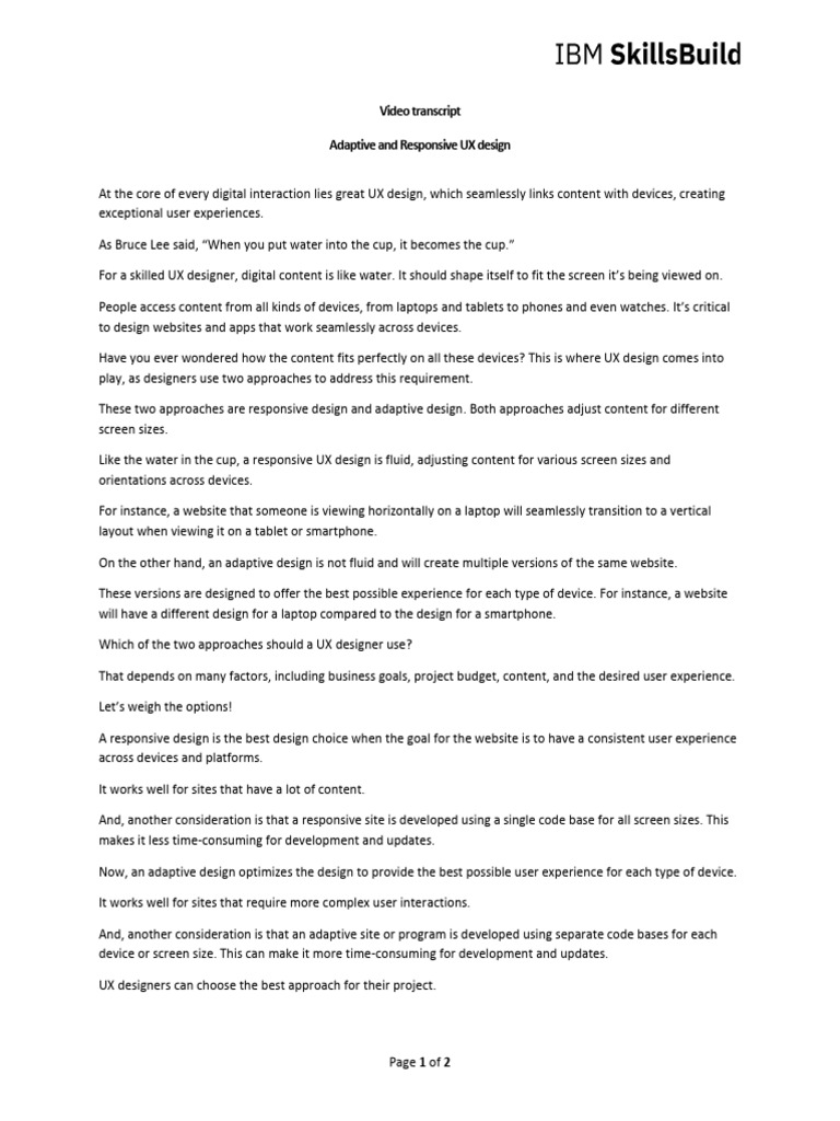 Video Transcript - Responsive and Adaptive UX Design | PDF