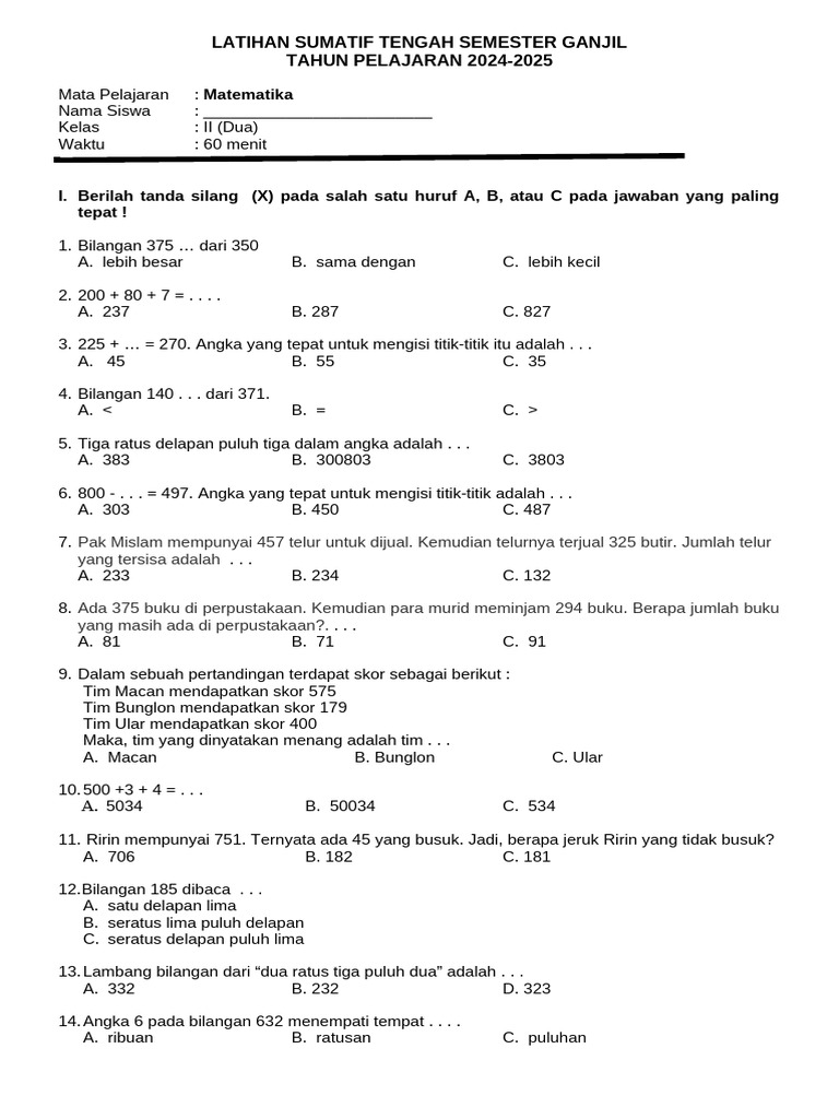Soal STS 1 MTK Kelas 2 | PDF