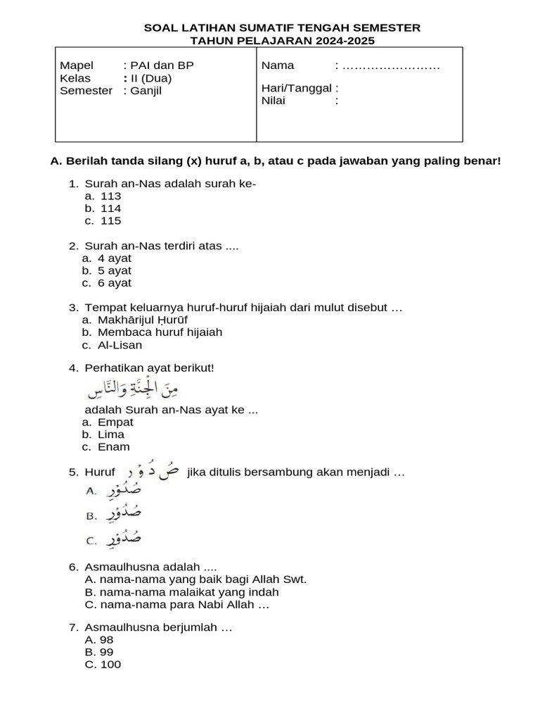 Soal STS 1 PAI BP Kelas 2 | PDF