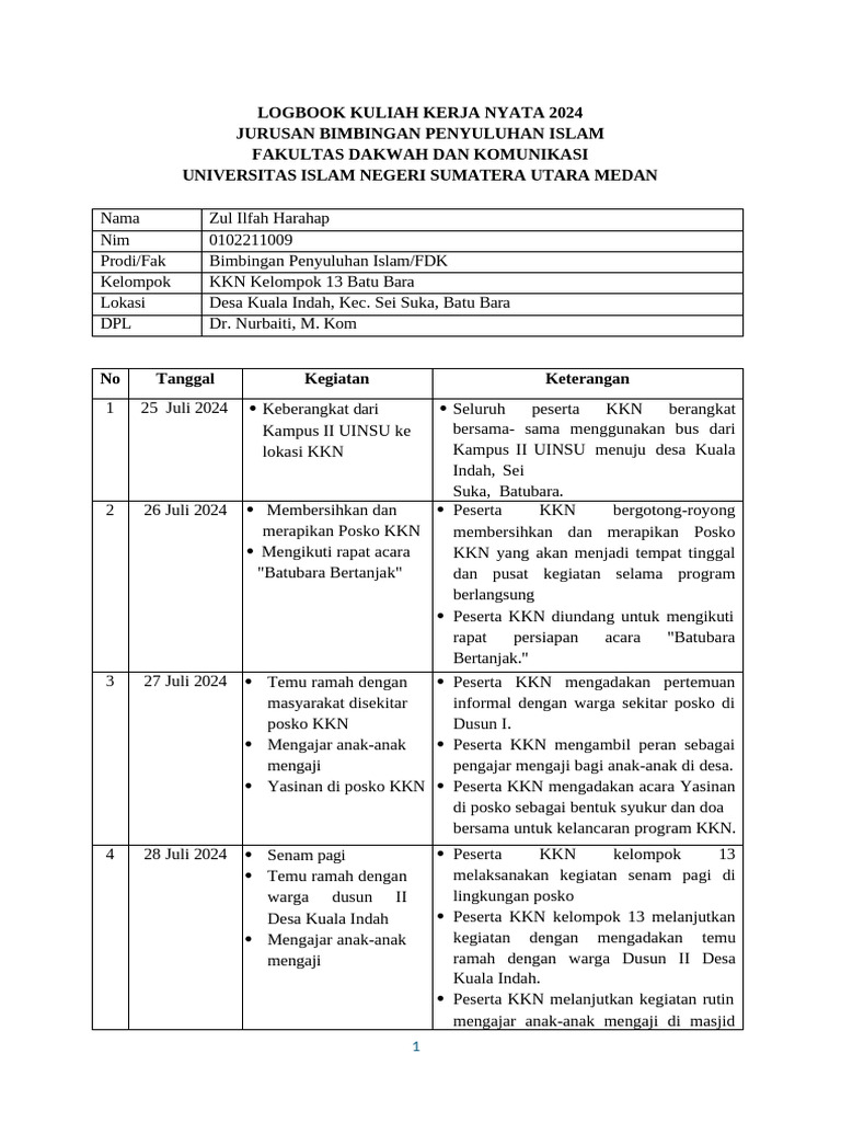 Logbook KKN Kel 13 - Zul Ilfah | PDF