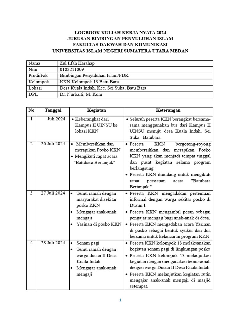 Logbook KKN Kel 13 - Zul Ilfah | PDF