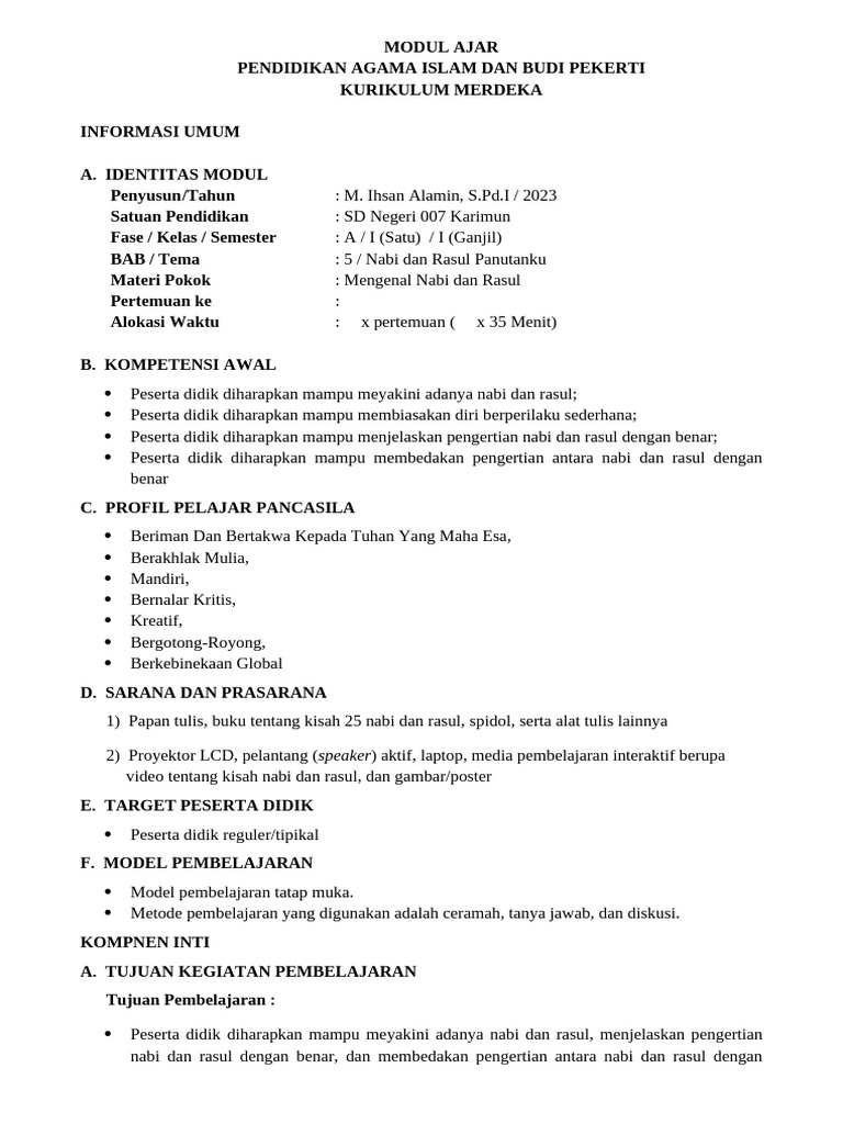 MODUL PAI SD KELAS 1 BAB 5 | PDF