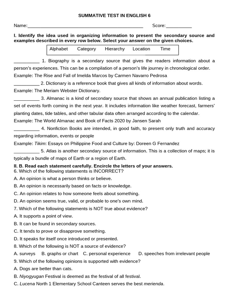 Summative Test in English 6 | PDF