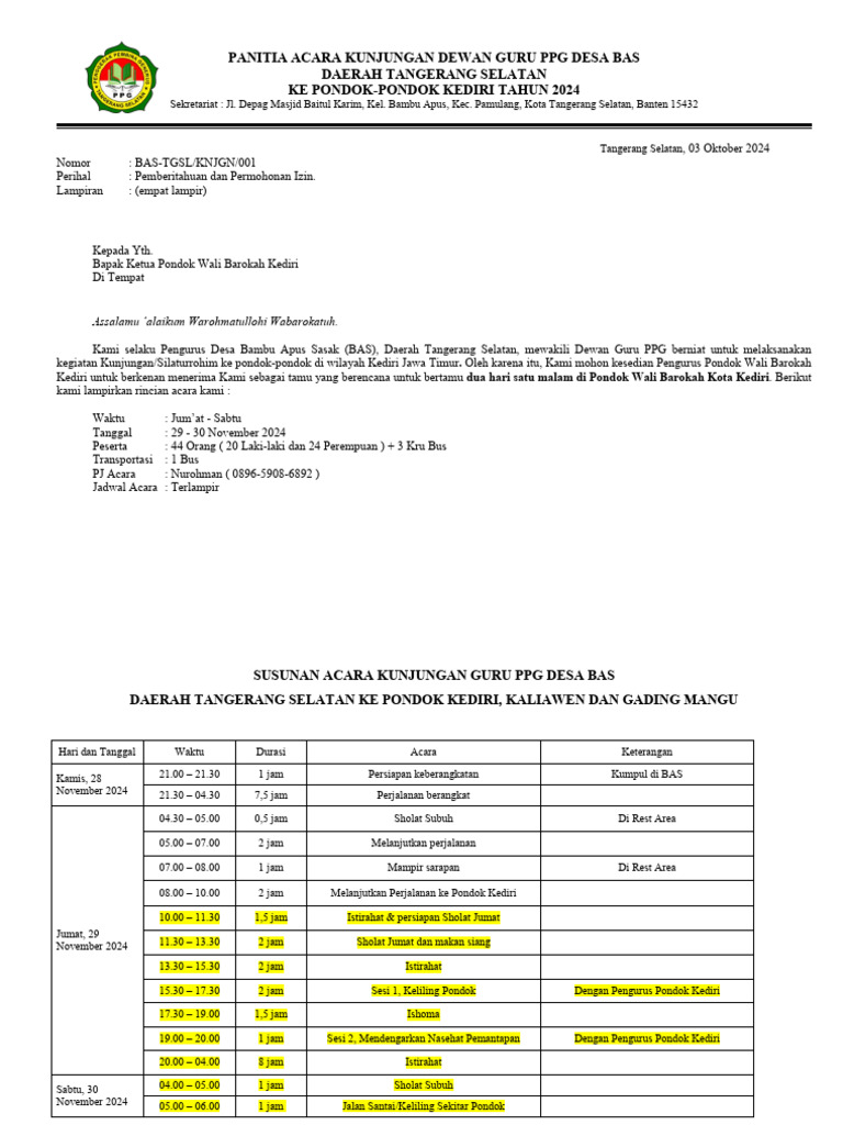 Surat Perizinan Acara Kujungan Desa BAS Ke Pondok Kediri | PDF