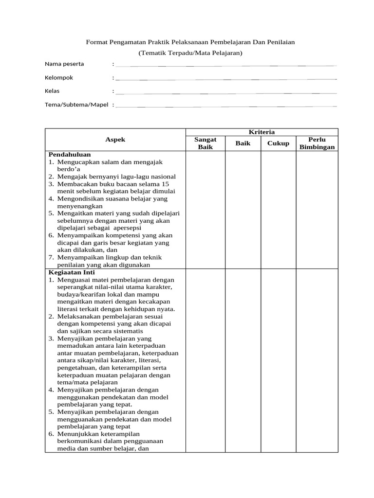 Format Pengamatan Praktik Pelaksanaan Pembelajaran Dan Penilaian | PDF