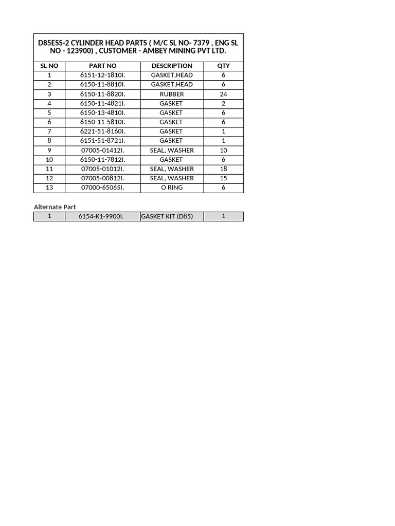 Spares List for D85 Engine | PDF