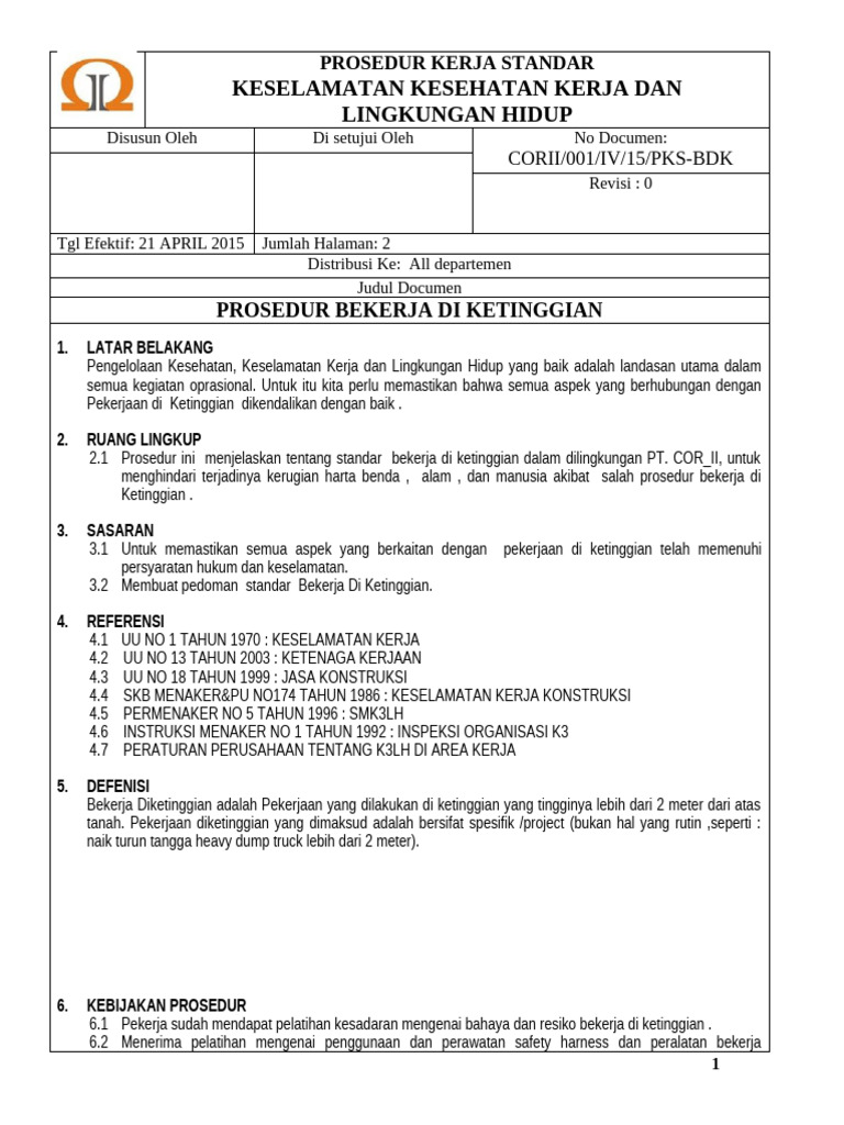 001.PROSEDUR KERJA DI KETINGGIAN PT COR - II Ok | PDF