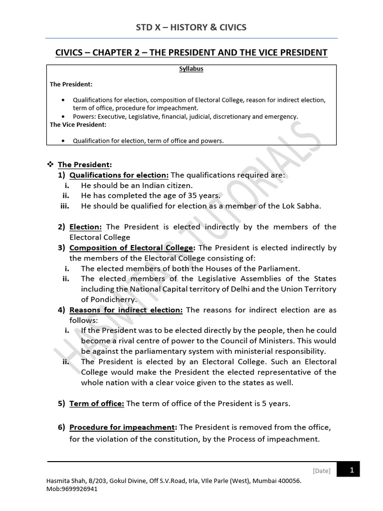 Civics Chap 2 - The President and The Vice - Presi - 240328 - 195112 | PDF