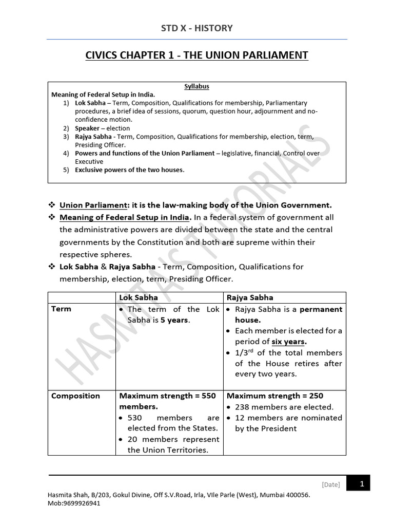 Civics Chap - 1 - Union Legislature - 240328 - 195107 | PDF