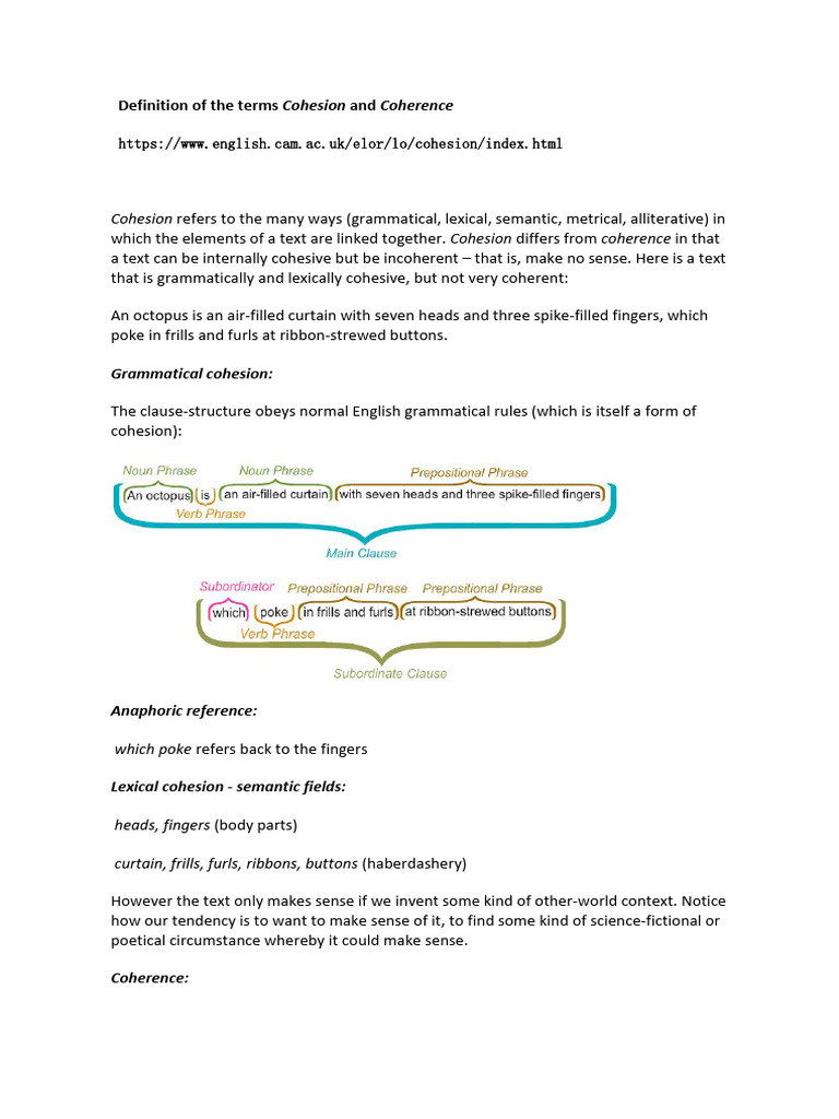 Definition of The Terms Cohesion and Coherence | PDF