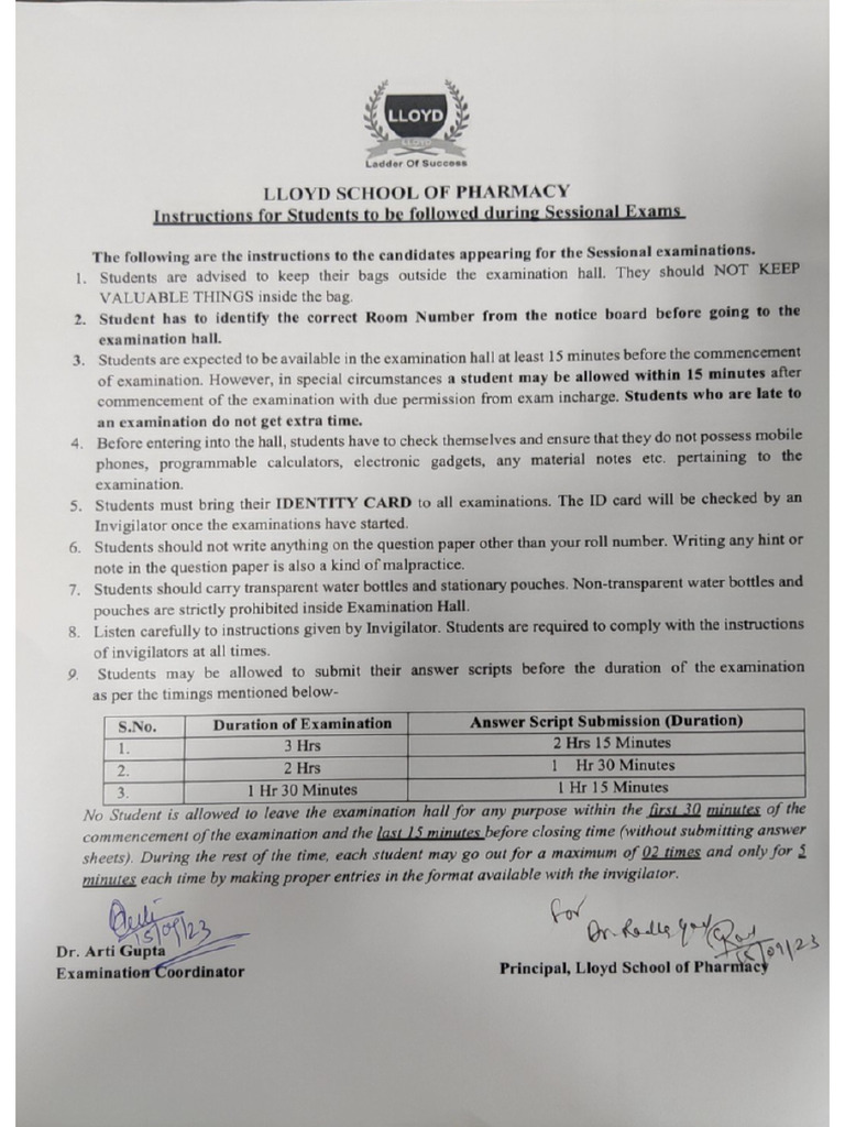 Instrctions and Seating Plan For 1st Sessional | PDF