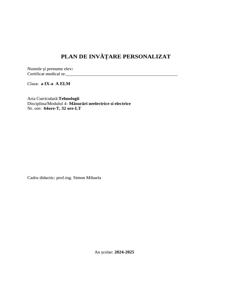 Plan de Invatare Personalizat Pentru Elevii Cu Ces Masurari Tehnice | PDF