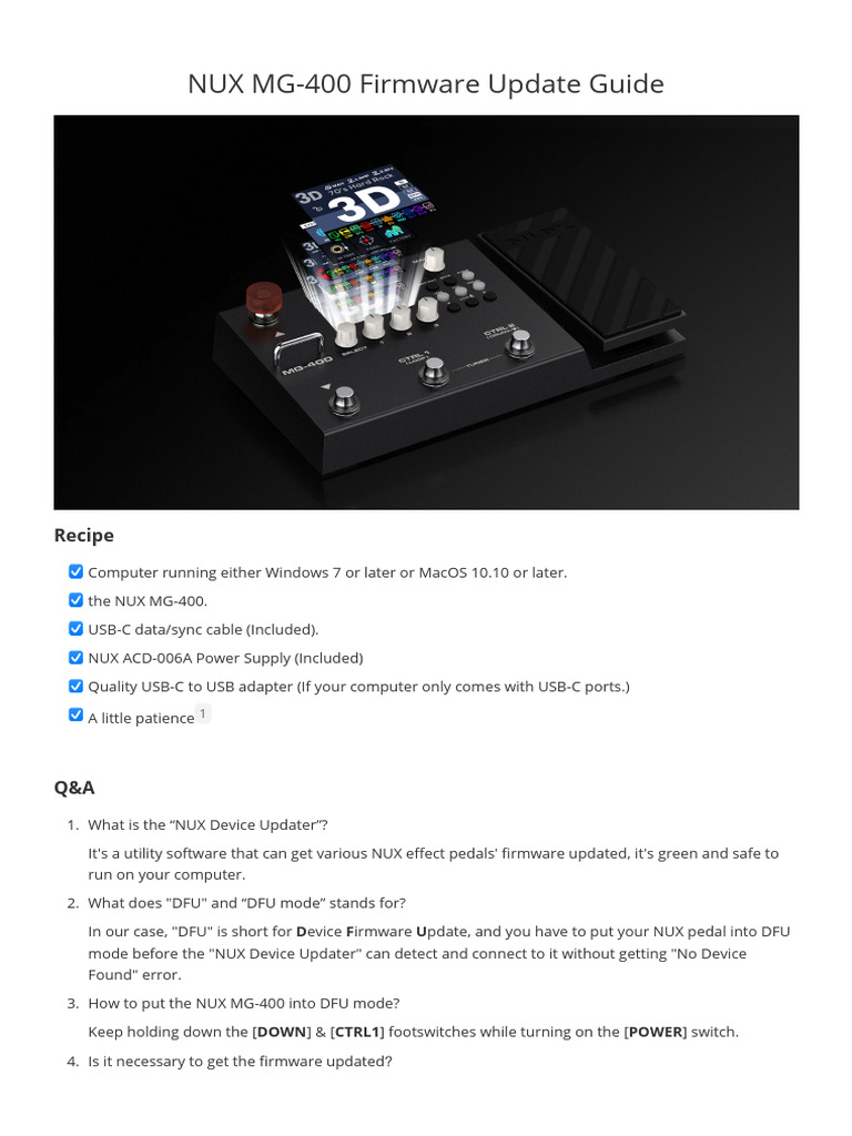 NUX MG400 Firmware Update Guide | PDF