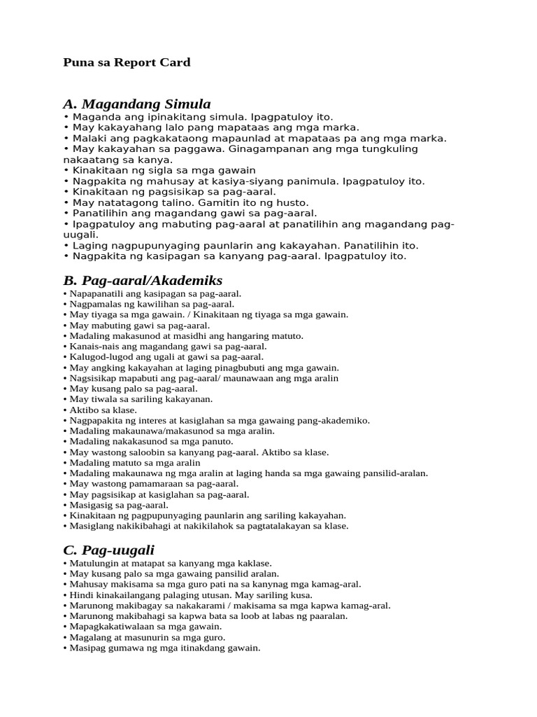 Puna Sa Report Card | PDF