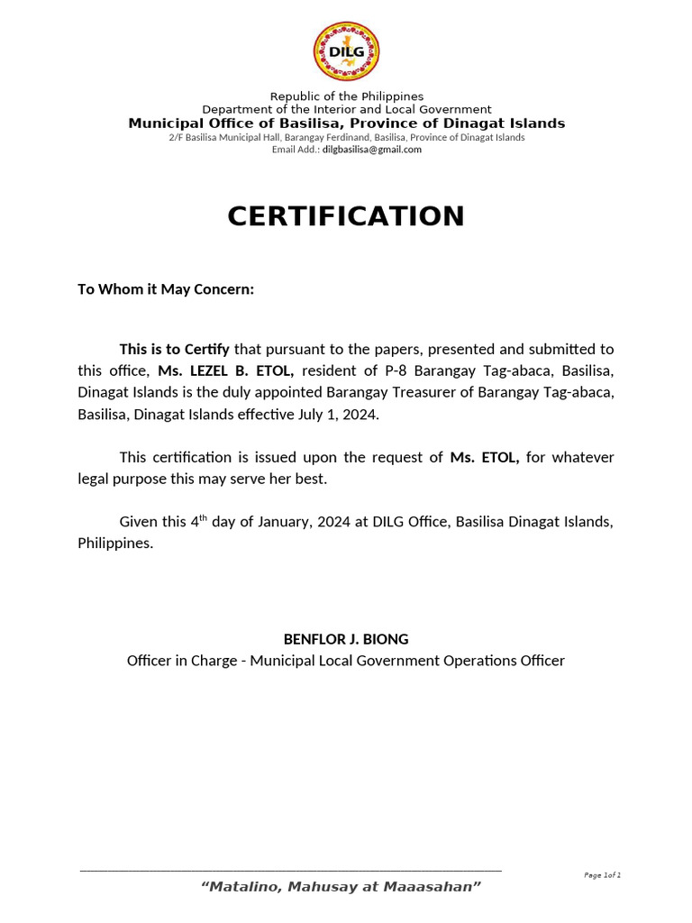 Barangay Treasurer Certifications ETOL | PDF