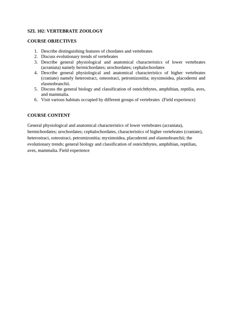 Vertebrate Zoology - Jan-April 2024 | PDF | Science & Mathematics