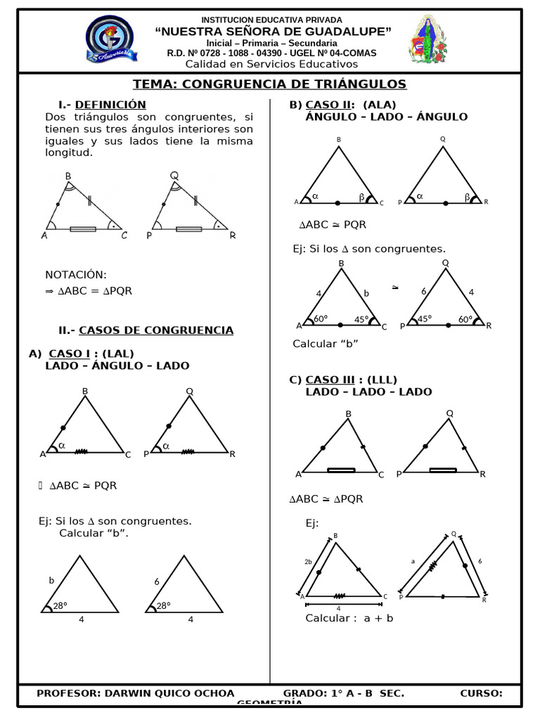 FICHA DE TRABAJO 1° SEC A - B CONGRUENCIA | PDF