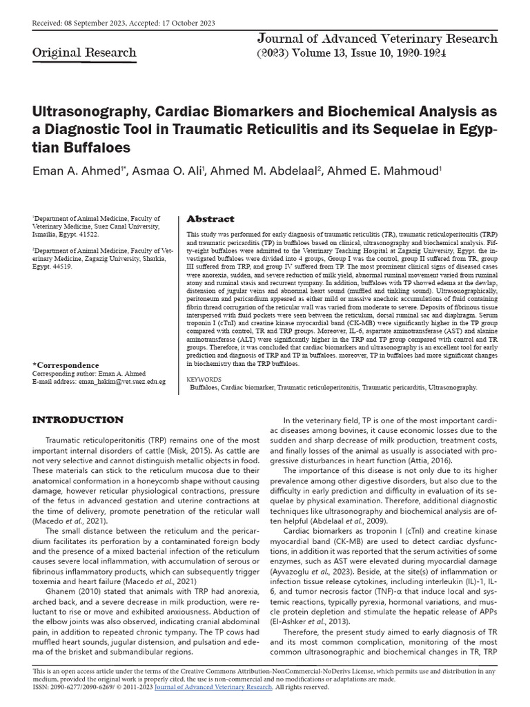 Diagnostic Tools for Buffalo Traumatic Reticulitis | PDF | Inflammation ...