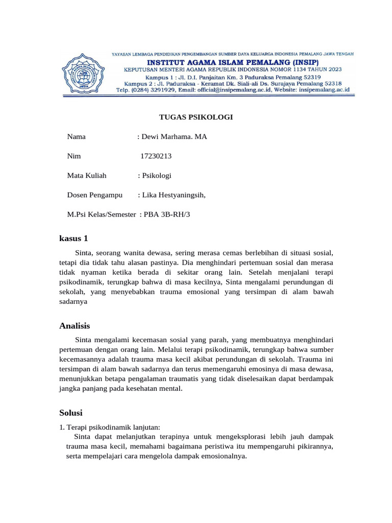 Tugas Psikologi, Studi Kasus, Dewi Marhama. MA - 17230213 | PDF