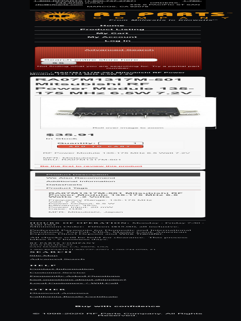 RA07M1317M-101, RF Power Module, 135-175 MHZ, 6.5 Watt, 7.2v, Mitsubishi | PDF