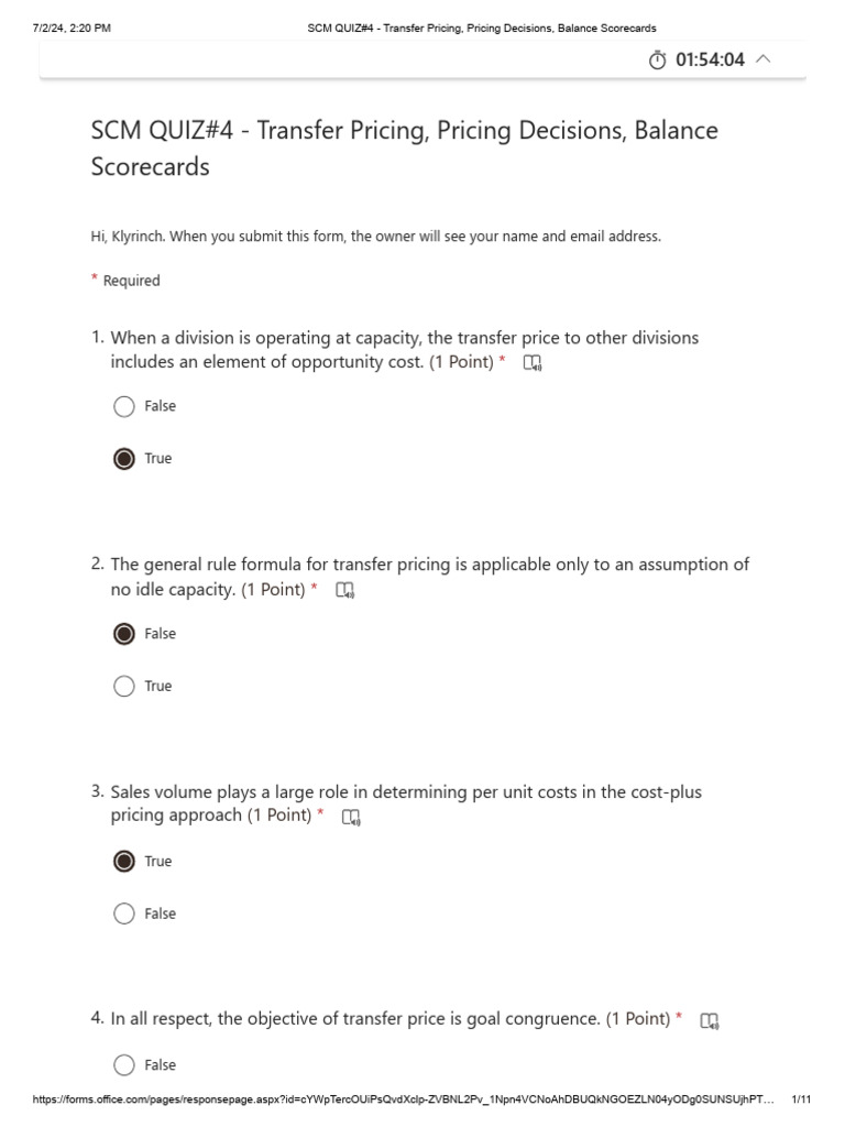 SCM QUIZ#4 Transfer Pricing, Pricing Decisions, Balance Scorecards | PDF