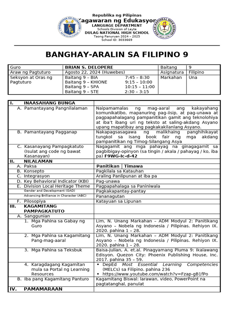 Banghay-Aralin Sa Filipino 9 (Unang Markahan) | PDF